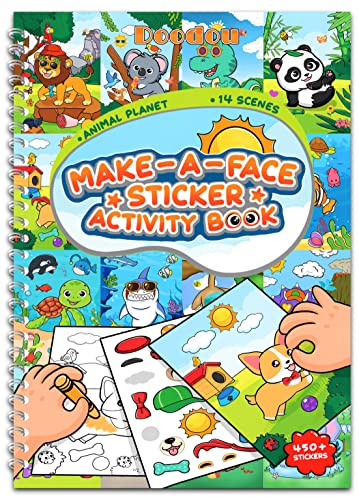 450PCS Stickers/Coloring Book for Kids 2-4, Make A Face Reusable Sticker Book for Toddlers Including 14 Coloring Pages 14 Scenes Airplane Activities for Kids Ages 4-8, Travel Road Trip Must Have