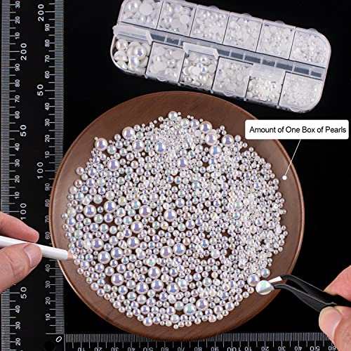 4000PCS Flatback Rhinestones and Half Round Pearls Kit #1, Multi Size Glass Clear & AB Crystals, Plastic Flat Back White AB & Beige AB Dome Bead with Pickup Pencil and Tweezer for Nail Art