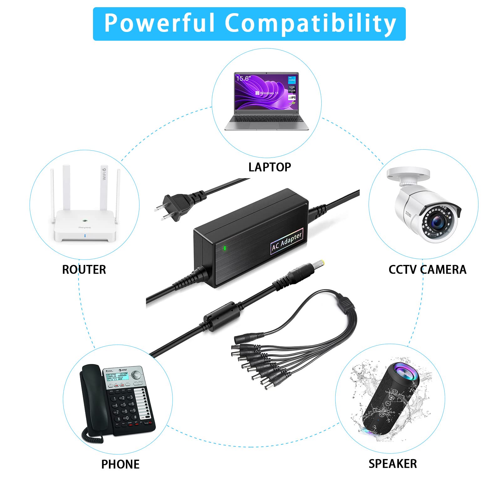 12V 5A Power Supply Adapter with 8-Way Power Splitter Cable, 100~240V AC to DC 12 Volt 5A 4A 3A 2.0A 1A Converter for Security Camera CCTV DVR Surveillance System