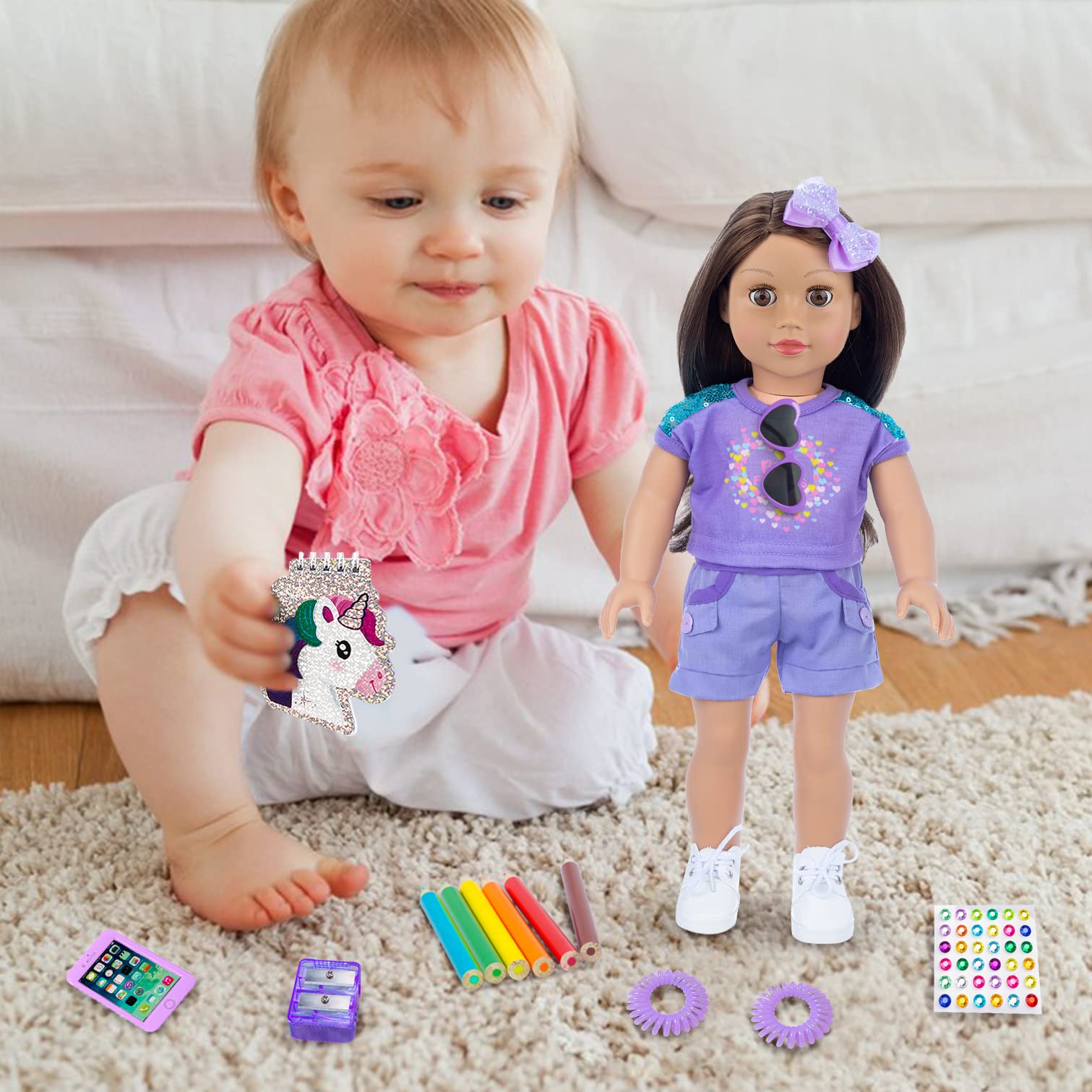 18 Inch Girl Doll Clothes and Accessories School Supplies Playset with Doll Clothes,School Bags, Sunglasses, Pencils, Pencil Sharpener, Notebooks, Phone, Hair Clip, Stickers (No Doll)