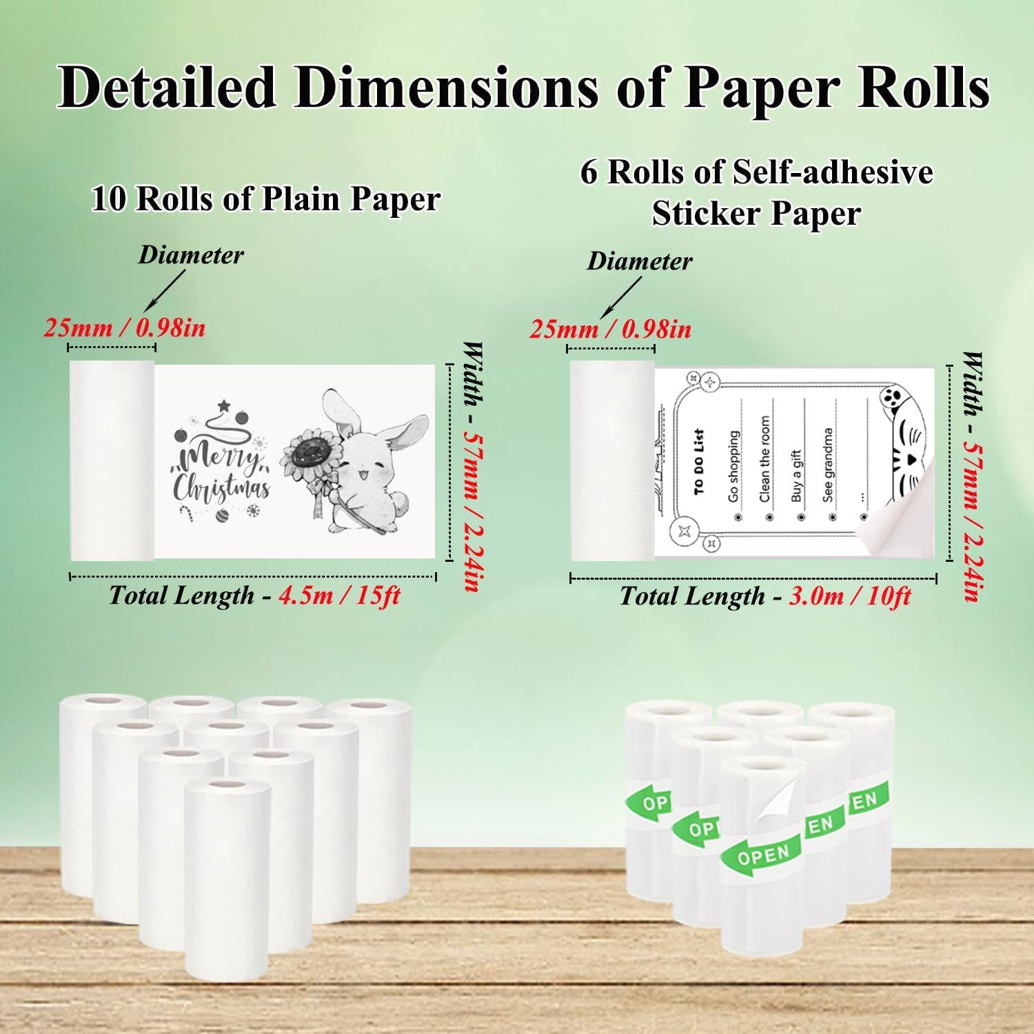 10Pcs Mini Printer Paper, 57 x 25 mm 5 Rolls Self Adhesive Thermal Paper Printable Sticker Paper and 5 Rolls White Printing Paper for Pocket Thermal Printer