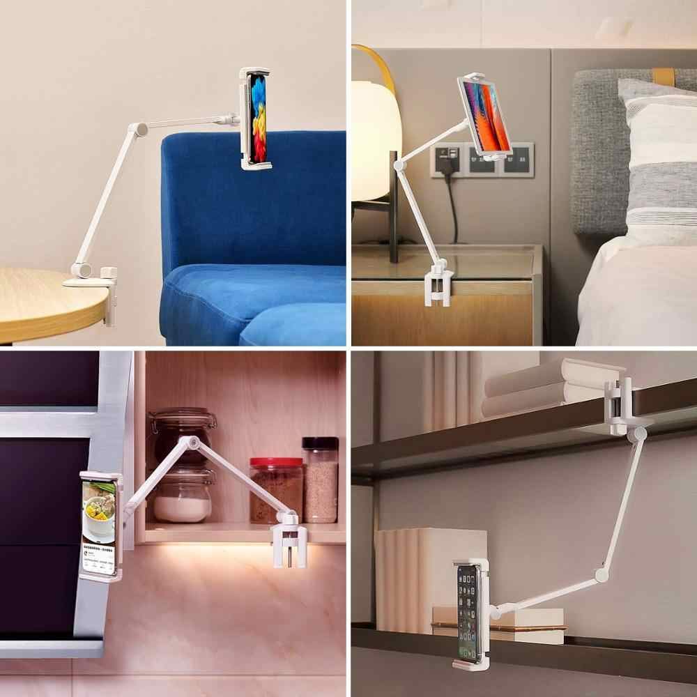Aluminum Long Arm Tablet Stand Mount Compatible with iPhone/iPad/iPad Mini/iPad Pro 12.9" Any Phone/Tablets 4-13 inch,360° Swivel with Bracket Cradle for Home, Office,Kitchen and Bed-Black