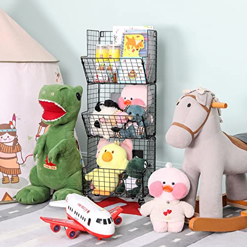 3 Tier Rolling Toy Organizer Basket - Wire Kids Toy Storage with Wheel, S-Hooks, Adjustable Chalkboards - Toy Storage Cart Wall Bookshelf for Kids Room, Playroom, Bedroom