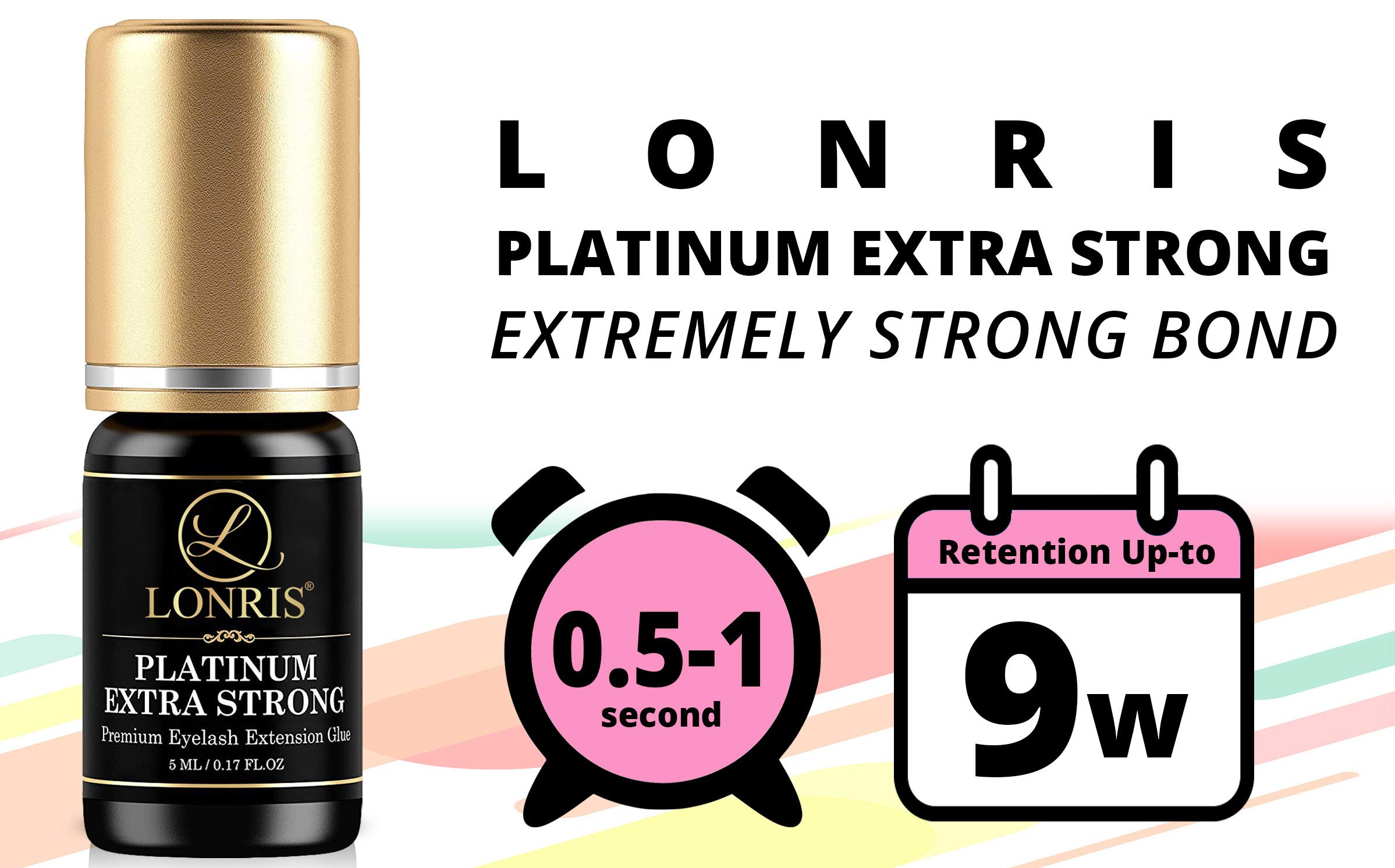 8-9 Weeks Retention/Volume Eyelash Extension Glue/Platinum Extra Strong LONRIS Lash / 0.5-1 Sec Drying time/Maximum Bonding/Semi-Permanent Extensions Supplies/Professional Use Black Adhesive (5 ML)