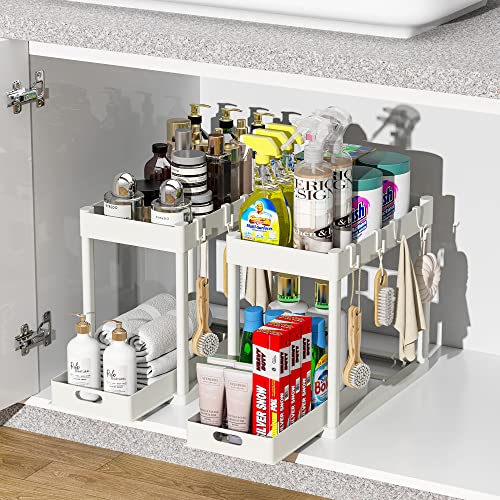 2PC Under Sink Organizer Rack 2 Tier Under Sliding Cabinet Basket Organizer Drawer with 4 Hooks, Multi-purpose Under Sink Storage for Bathroom Kitchen Desktop(White)