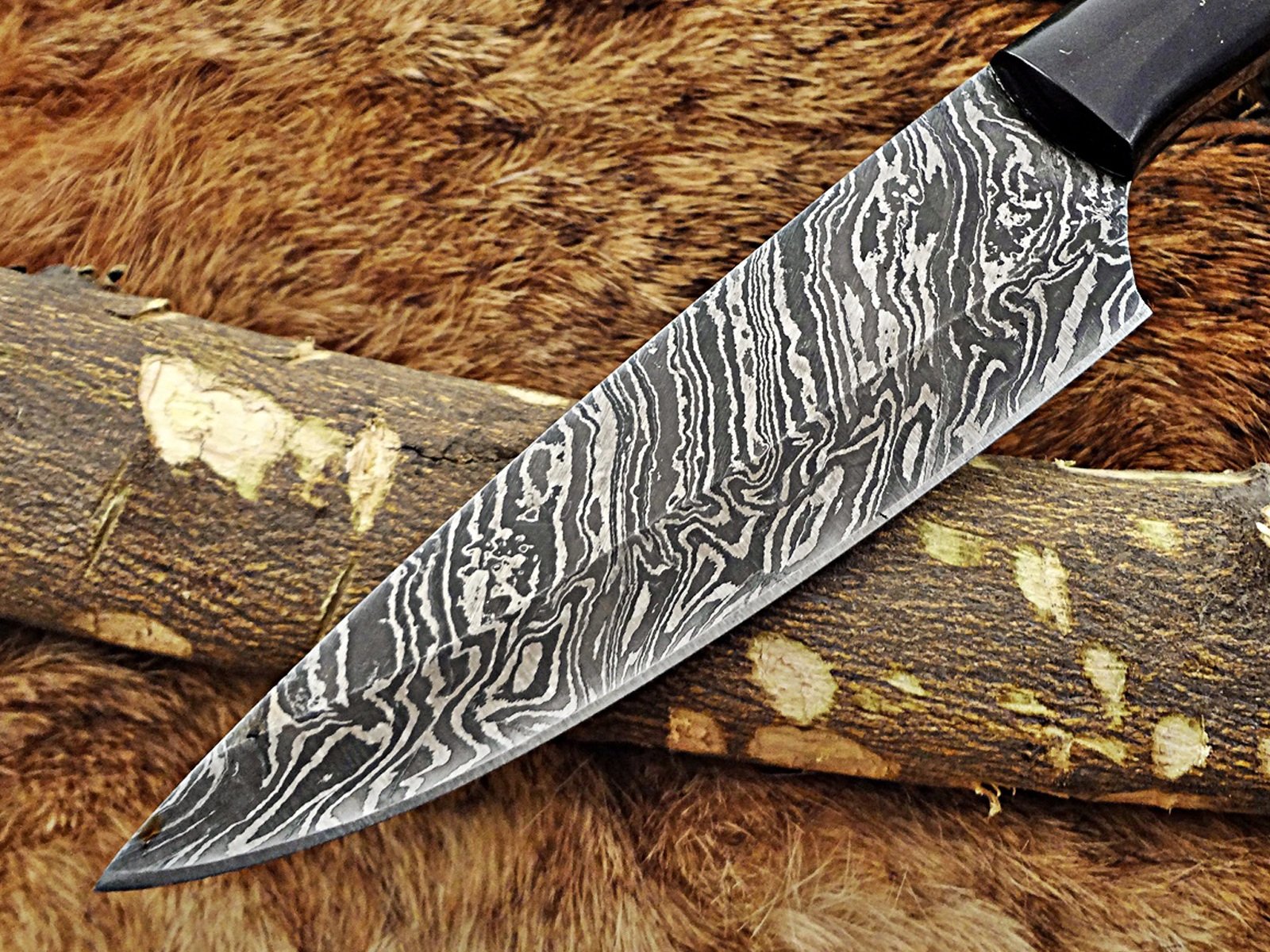 8.5 Inches long custom made Damascus steel hand forged Paring Knife, kitchen knife 4" full tang blade, Natural Buffalo Horn scale inserting hole (Black)