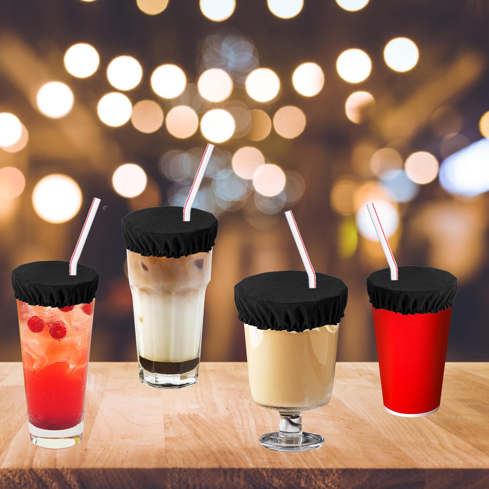 15pcs Drink Cover Scrunchies, Elastic Fabric Class Cup Drink Covers for Alcohol Protection with Straw Hole Reusable & Washable Protective Drink Cap for Women Girls Bar Party (Black)