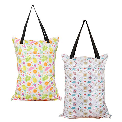 ALVABABY 2 Pack Large Wet Dry Bag Waterproof Hanging Cloth Diaper with Double Zippered Pockets 25x18 inches (Colorful world)