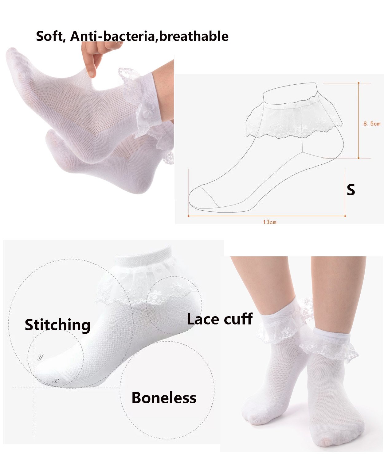 5 Pack of Girls White Lace Ruffle Socks Cotton Baby, M(3-6T)