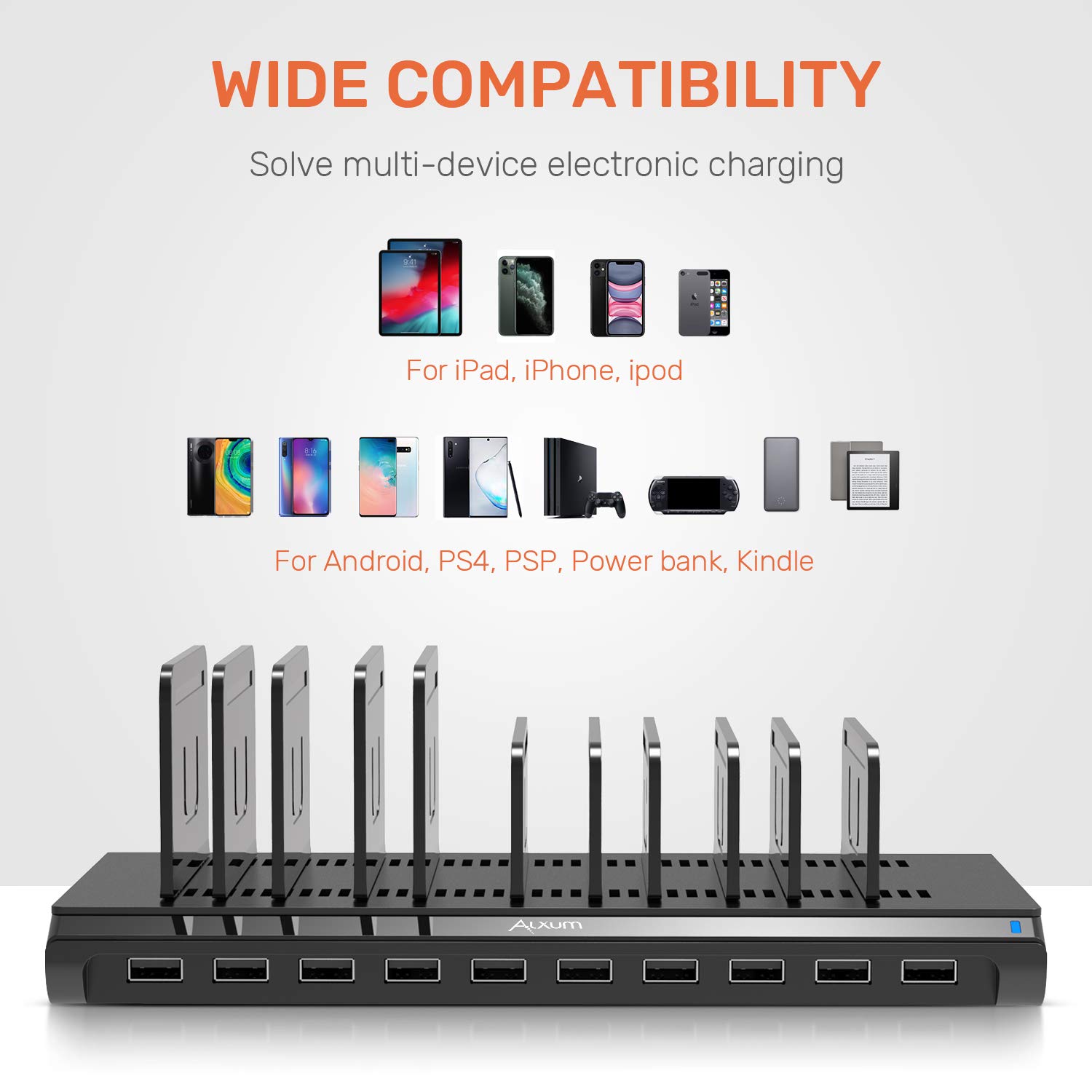 Alxum 10 Port USB Charging Station, 60W Mobile Charging Station with Multi-Port USB Fast Charger Stand for Mobile Phone, Tablet and More,Black