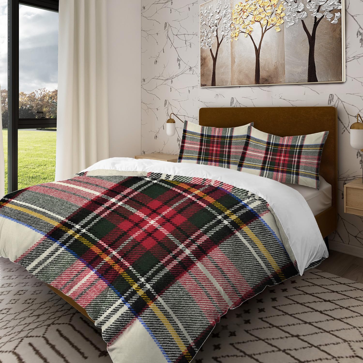 Batmerry Scottish Tartan King Size 3 Pieces Bedding Comforter Sets,Soft Fluffy Square Green Wool Plaid Pattern Printed PolyesterDuvet Cover for All Season