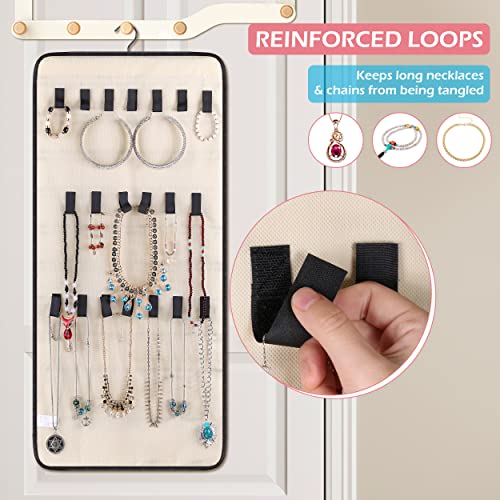 MISSLO Dual-sided Hanging Jewelry Organizer with 40 Pockets and 20 Hook & Loops Closet Necklace Holder for Earring Bracelet Ring Chain with Rotating Hanger, Beige