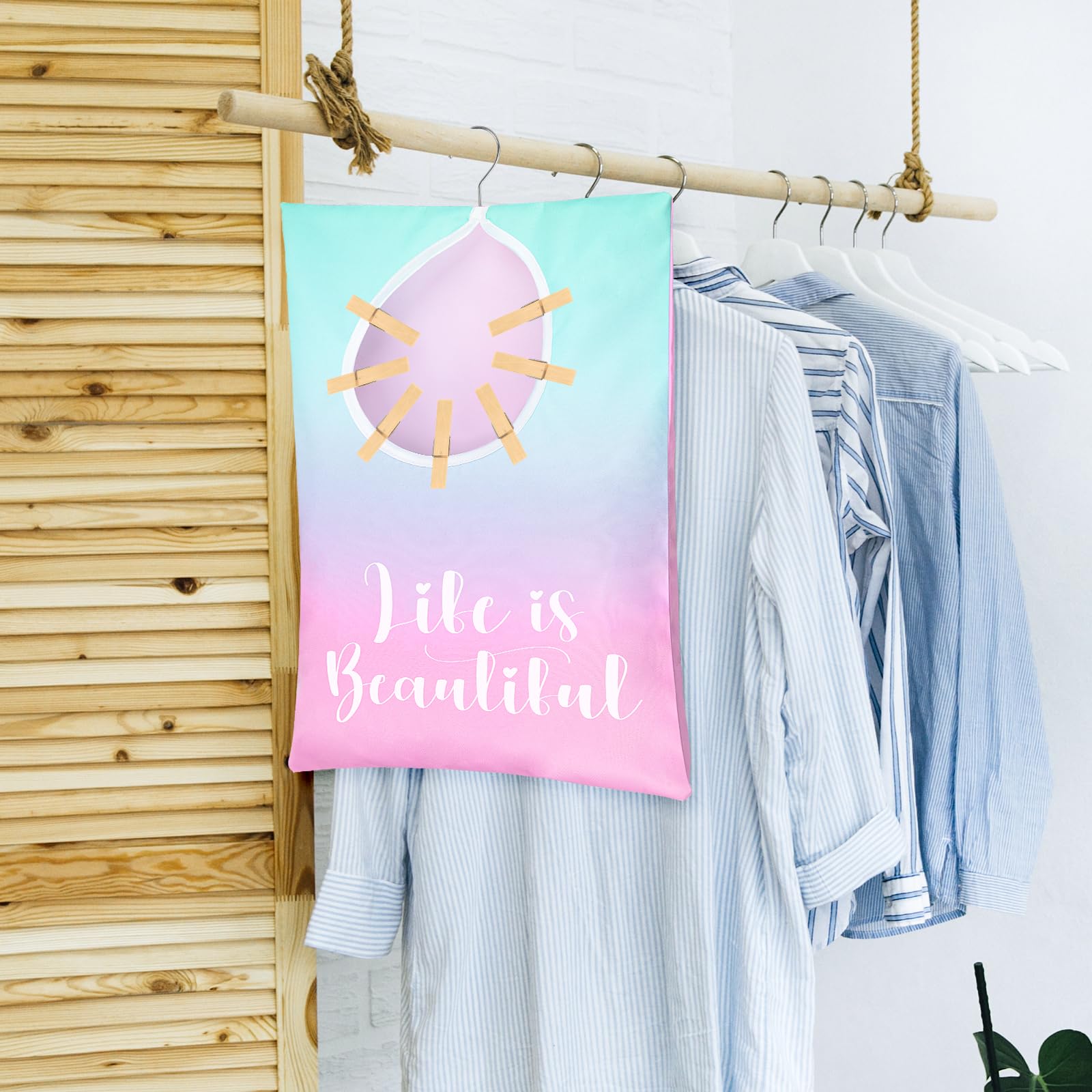 2 Pcs Clothes Pin Hanging Bag Boho Clothes Pin Bag with Hanging Hook 15 X 11 Inch Boho Clothes Pin Bag Laundry Canvas Clothes Pin Holder Waterproof Clothespin Bag Storage Organizer (Pink+Blue)