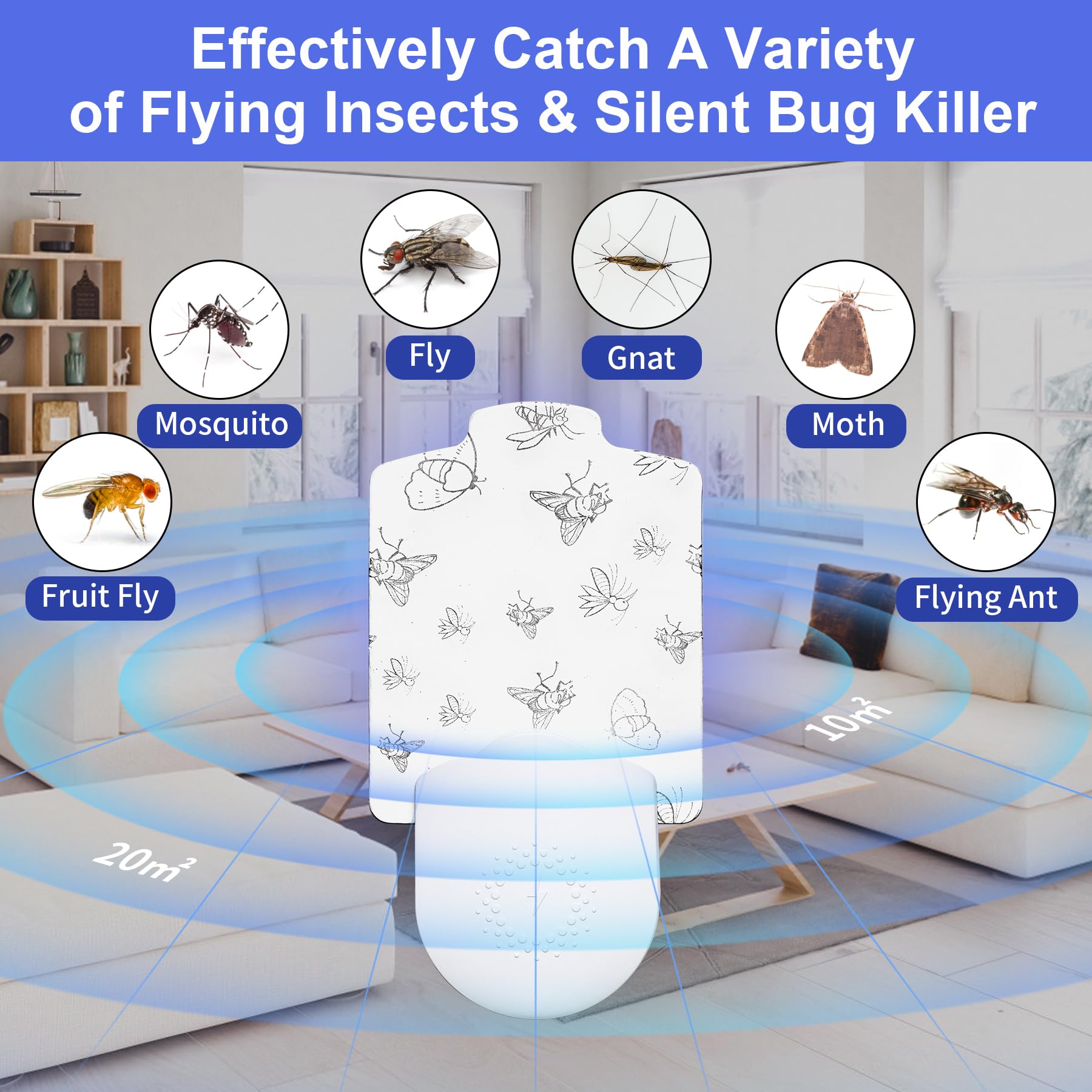 2 Pcs Fruit Fly Traps for Indoors Plug-in Flying Insect Trap, Gnat Traps for House Indoor with Non-Toxic UV Light Attractant Bug Zapper Mosquito Trap Includes 10 Sticky Refills for Home Office