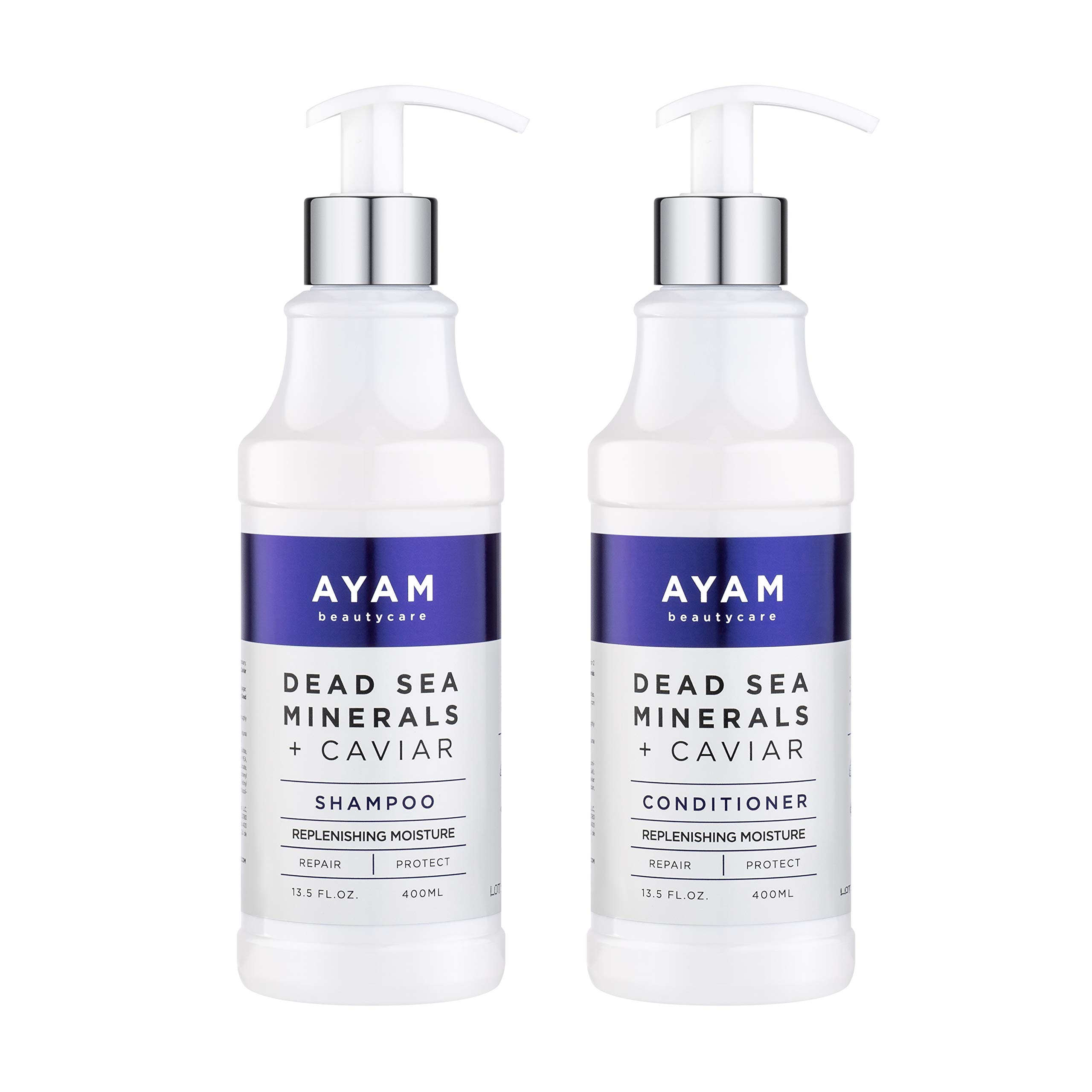AYAM Beautycare Dead Sea Minerals + Caviar Shampoo & Conditioner Set, Anti-Aging Replenishing Moisture for Dry and Damaged Hair 13.5 Fl Oz Ea (Set of 2).