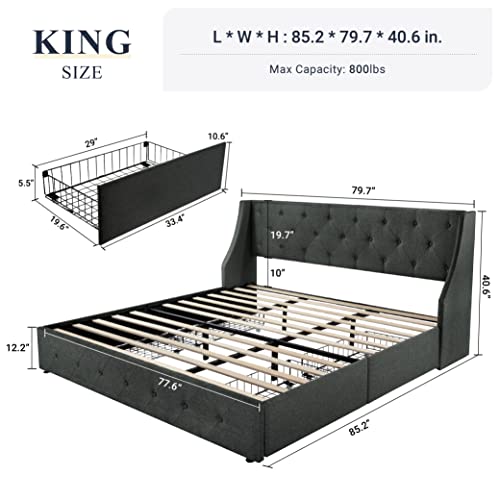 Allewie King Size Bed Frame with 4 Storage Drawers and Wingback Headboard, Button Tufted Design, No Box Spring Needed, Dark Grey