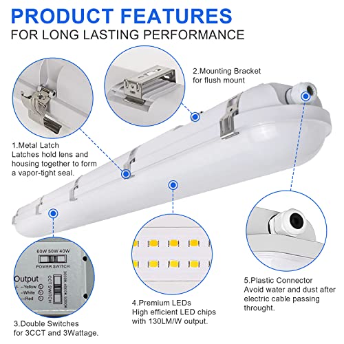 4FT LED Vapor Tight Lights, 40W/50W/60W Selectable 5200LM Vapor Proof Light 3000K/4000K/5000K Tunable, Indoor Waterproof Workshop Light, IP66 DLC ETL Approved for Cold Room, Car Wash (6Pack)