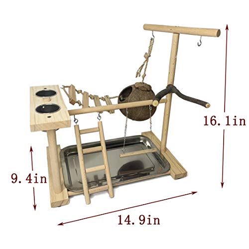 Hamiledyi Parrot Playground Bird Playstand Wood Perch Gym with Feeder Cups Toys Cockatiel Nest with Ladder for Conure Lovebirds