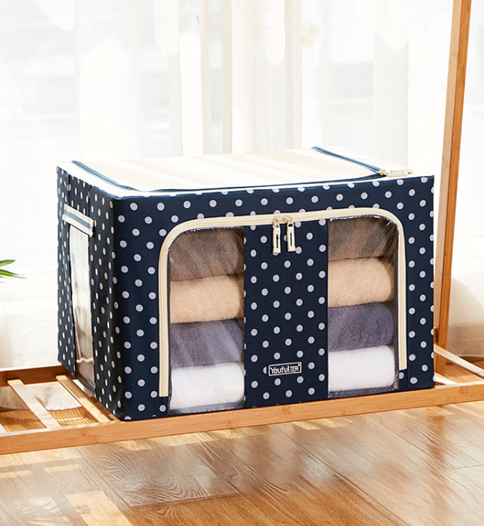 2 Pack 100L Foldable Storage Box with Transparent Double Window, Large Capacity Stackable Clothing Storage Box with Steel Frame and Metal Zipper and Carry Handles (100L, 2xUpgraded Blue Dots)