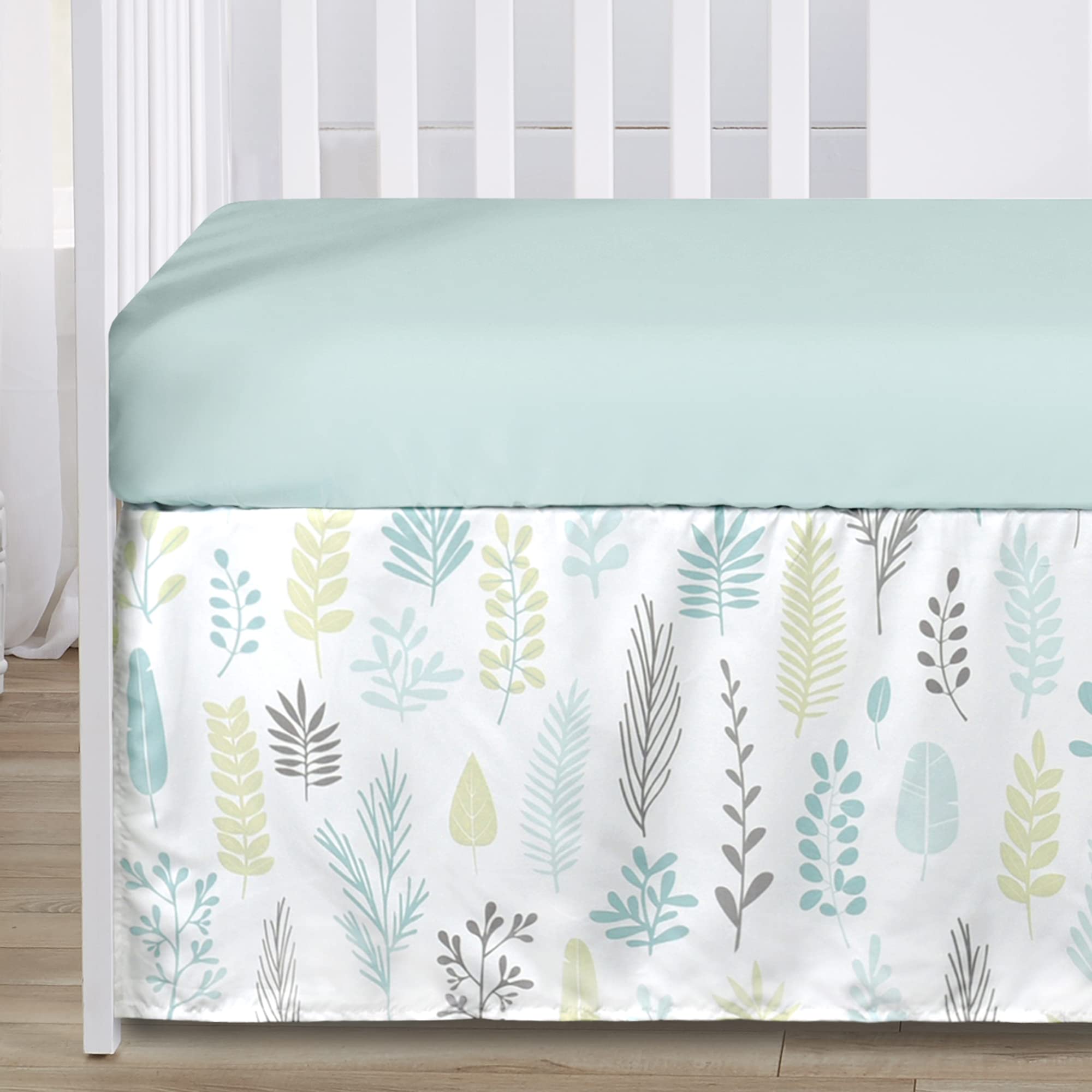 Sweet Jojo Designs Blue and Grey Jungle Sloth Leaf Baby Unisex Boy or Girl Nursery Crib Bedding Set - 4 Pieces - Turquoise, Gray and Green Tropical Botanical Rainforest