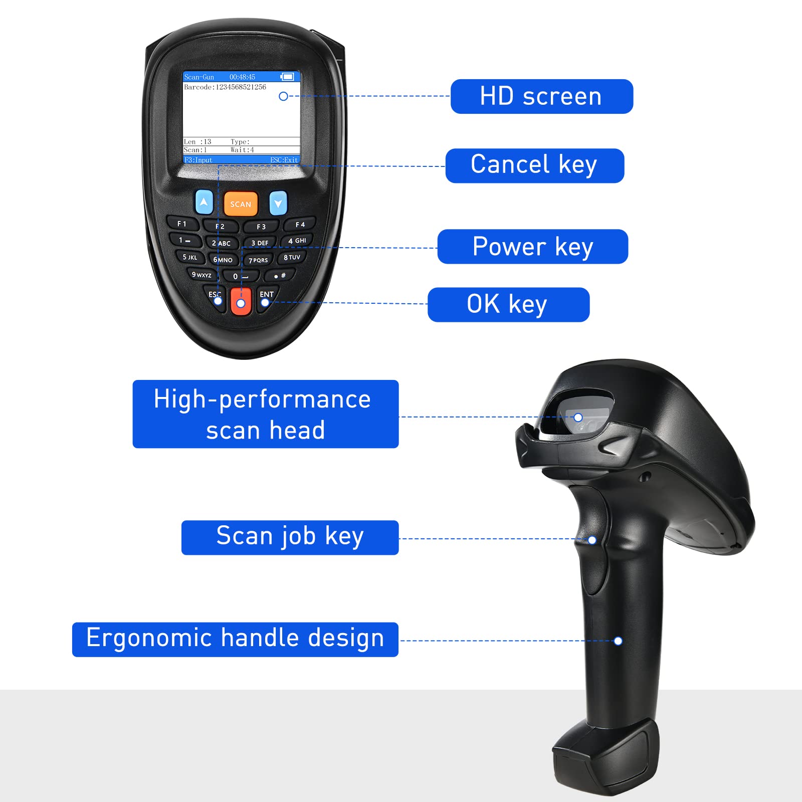 1D 2D Wireless Barcode Scanner, JRHC Portable Inventory Scanner with Charging Base Data Collector Barcode Reader Data Terminal 2 in 1 USB Connection & 2.4G Wireless Bar Code Scanners with 2.2" Screen