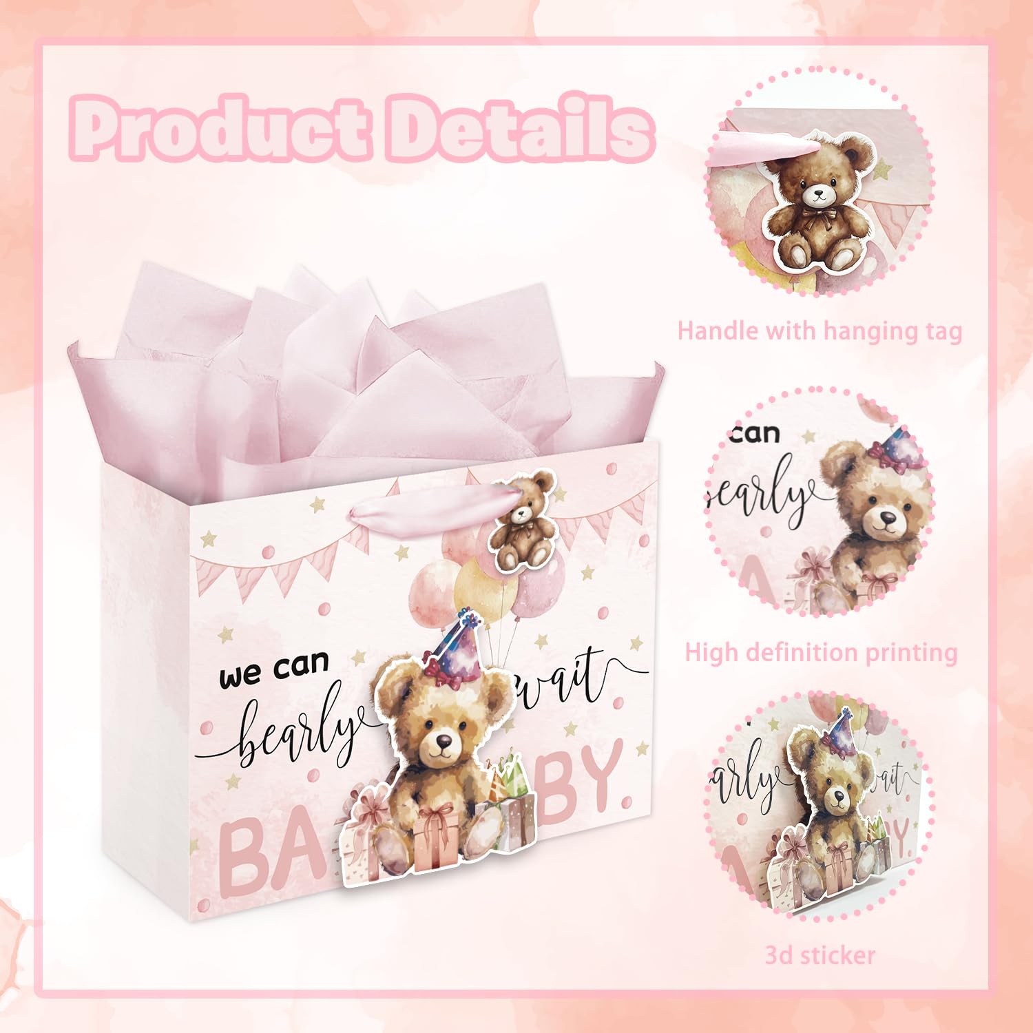 16" Large Baby Girl Gift Bag, 3D Making Pink Bear Baby Gift Bag with Handle, Tissue Paper and Greeting Card