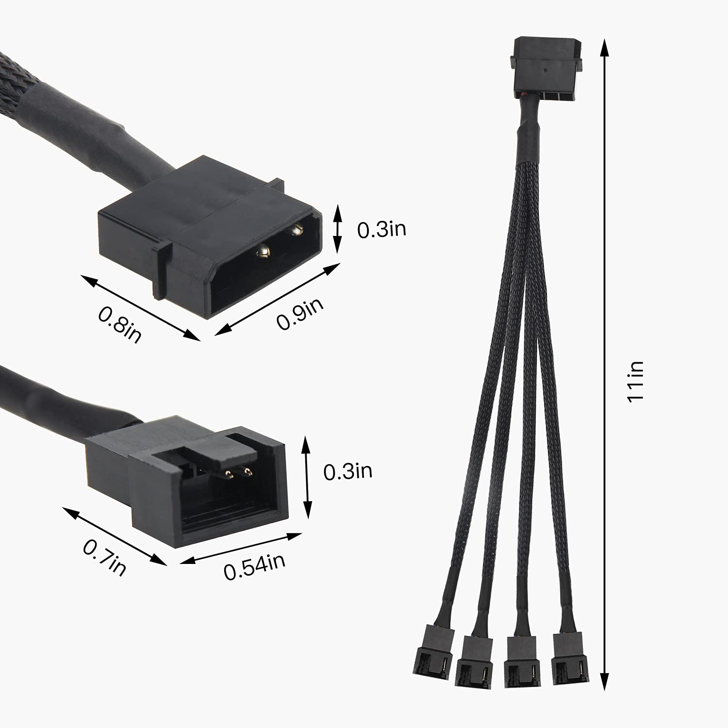Molex to 3Pin/4Pin Fan Adapter, 12V PC Fan Adapter 4Pin Molex to 4 PWM Splitter Sleeved Braided Cable UIInosoo for 3 Pin or 4 Pin Computer PC Case Fan Power Supply 11 inch