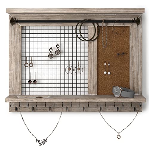 Barnyard Designs Wall Mounted Hanging Jewelry Organizer, Earring, Necklace and Bracelet Hanger with Ring Shelf, Rustic Wood Jewelry Holder Storage Display Rack, Large, Whitewashed Wood, 16.5" x 13"