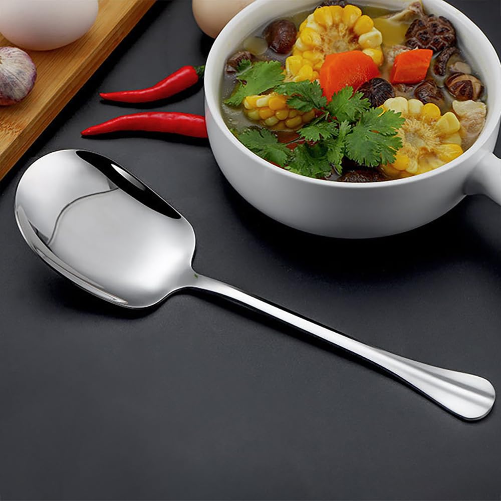 2 Pcs Large Stainless Steel Soup Spoons,Silver Square Head Design Serving Spoons Dumplings Ramen Ice Cream Dessert Long Handle Big Soup Spoon For Restaurant Tableware Kitchen Gadgets Cooking Utensils