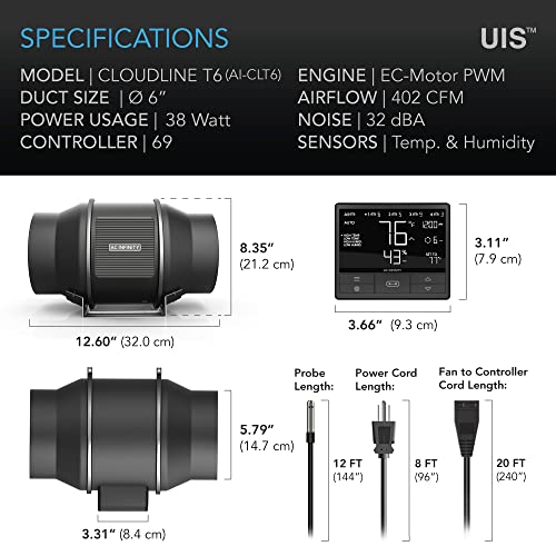 AC Infinity CLOUDLINE T6, Quiet 6β Inline Duct Fan with Temperature Humidity Controller, Bluetooth App - Ventilation Exhaust Fan for Heating Cooling Booster, Grow Tents, Hydroponics