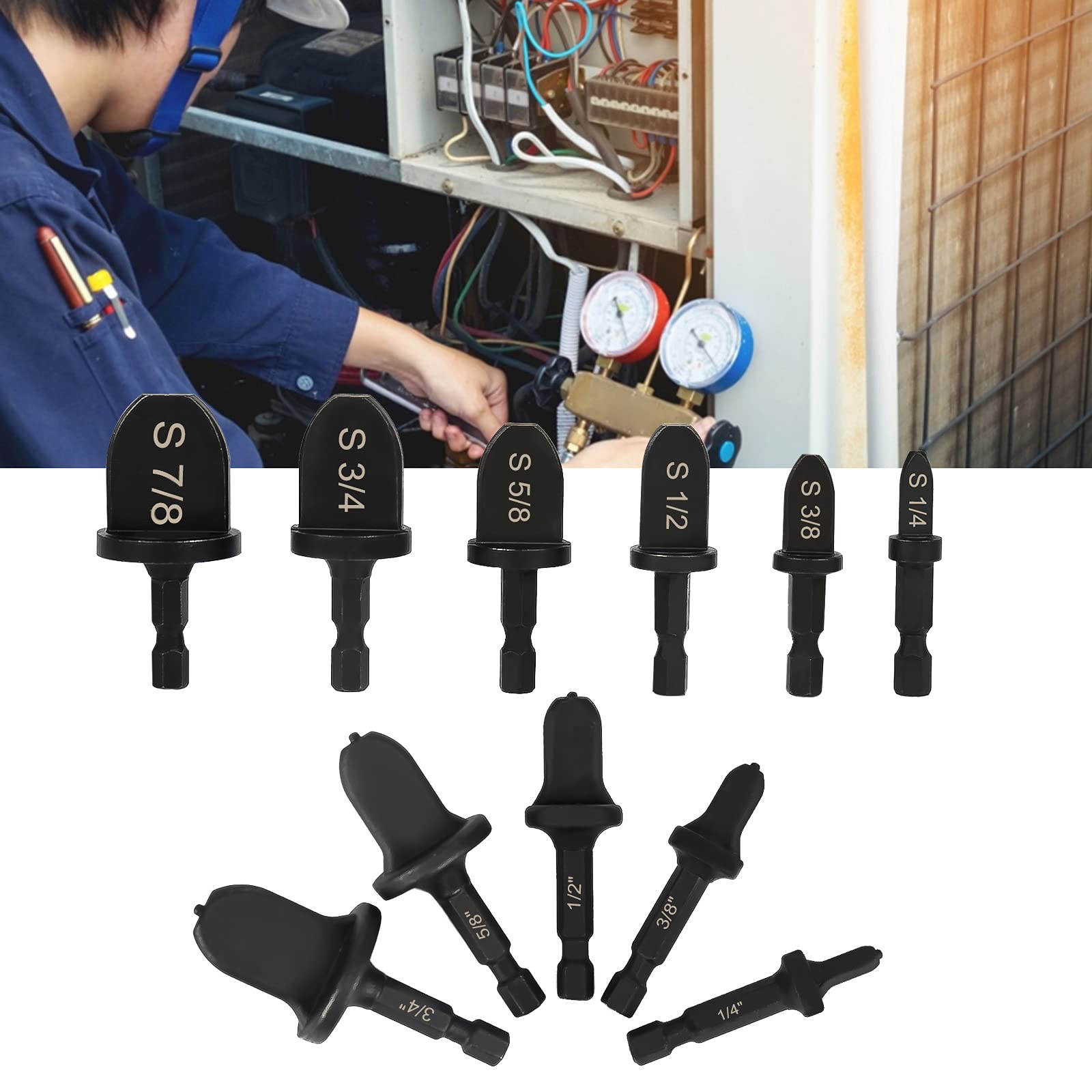 WMLBK 11pcs Swaging Tool Drill Bit Set, Air Conditioner Copper Tube Expander Tool, Copper Pipe Expander HVAC Tools Round Handle Tube Expander Sets with 1/4, 3/8, 1/2, 5/8, 3/4, 7/8 Bits