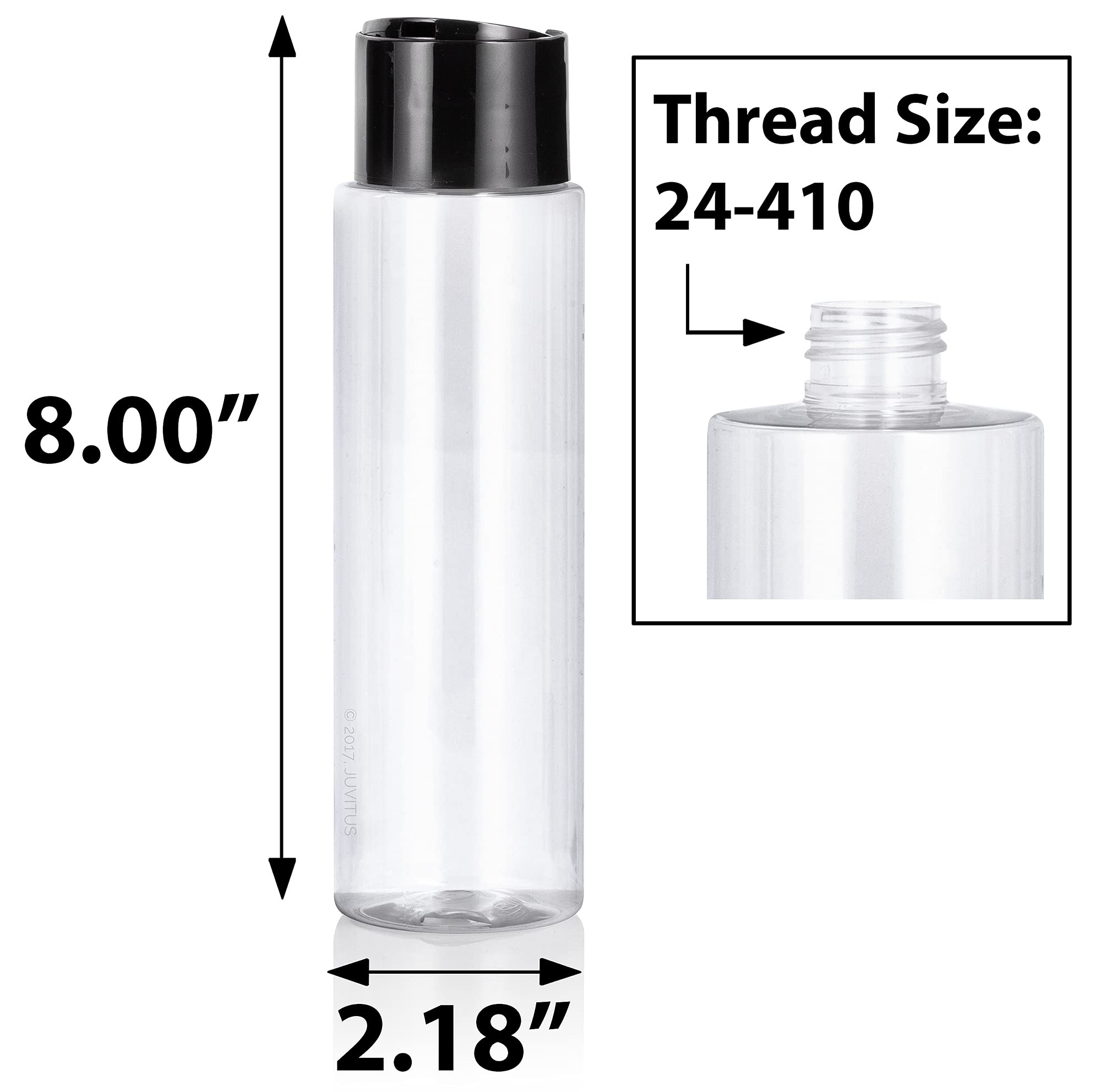 JUVITUS 12 oz Professional Clear Cylinder PET Plastic Bottles Wide Black Disc Cap (6 Pack) BPA Free Refillable Empty Storage Containers