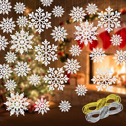 46 Pcs White Glitter Snowflake Ornaments Various Size Plastic Christmas Tree Decorations with Silver Rope for Winter Wonderland Window Door Accessories