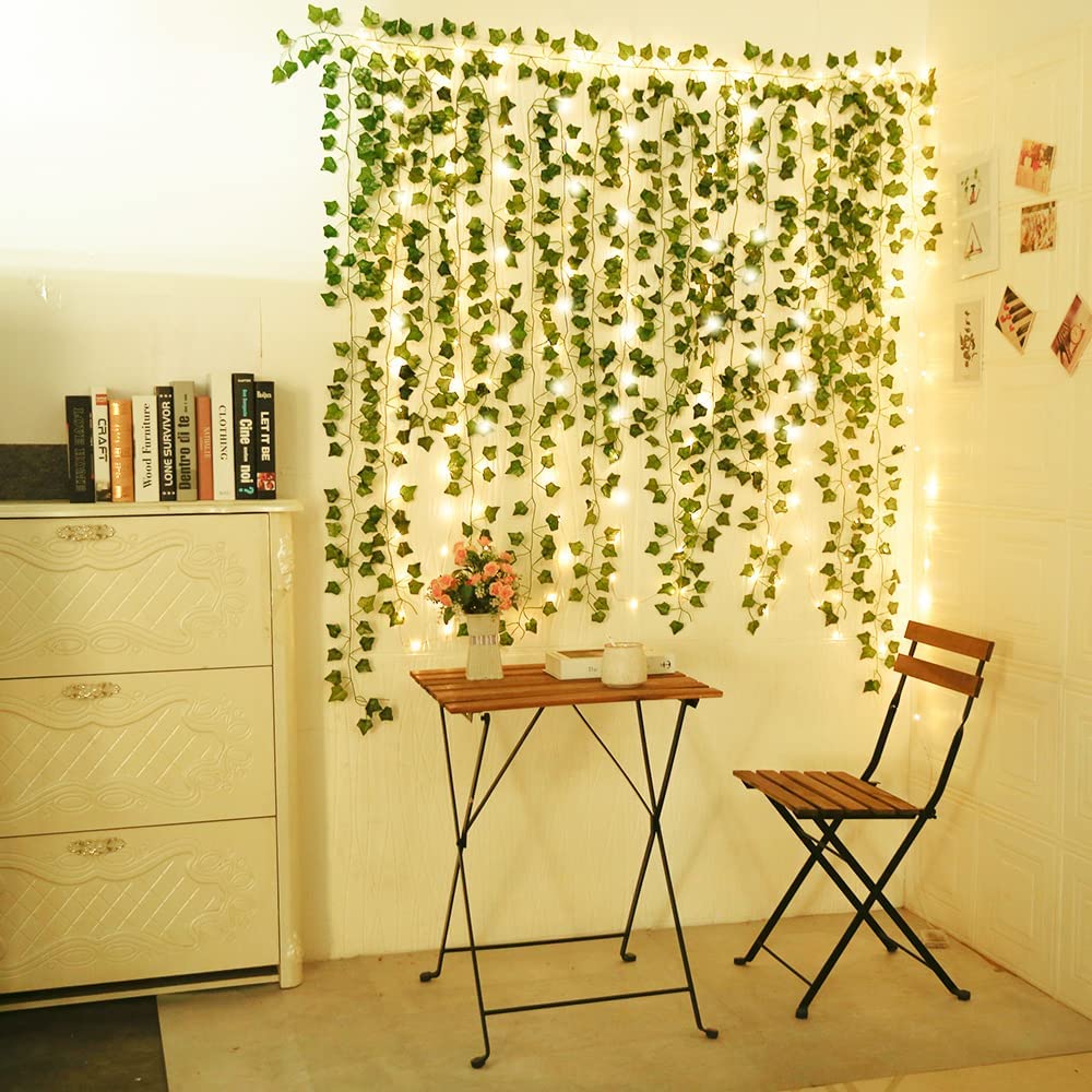 18 Pcs 118ft Artificial Ivy Garland Fake Vines Plants Vine with 200 Led String Lights and Remote Control for Bedroom Garden Home Kitchen Office Outdoor Wall Decor
