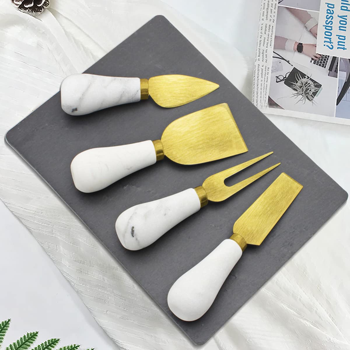 Funland 4PCs Gold Cheese Knife Spreader Set, Cute Butter Knife Slicer with Marble Handle, Cheese Spredering, Fruit Fork and Spatula for Jams - Cheese Board Accessories for Holiday, Weddings, Parties