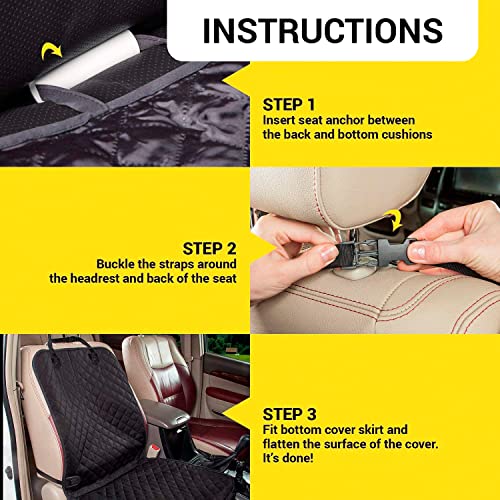5 STARS UNITED Front Seat Dog Cover for Car - Durable Black Waterproof Protector Against Dirt, Mud & Fur - Scratch Proof Non-Slip Padded Quilted Front Seat Covers for Dog for Cars, Trucks & SUV