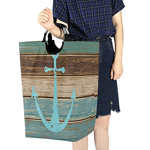 Nautical Anchor Large Laundry Hamper, Wooden Texture Laundry Baskets with Handle, Oxford Storage Basket, Portable Folding Clothes Hamper for Nursery, College Dorm, Bedroon, Bathroom