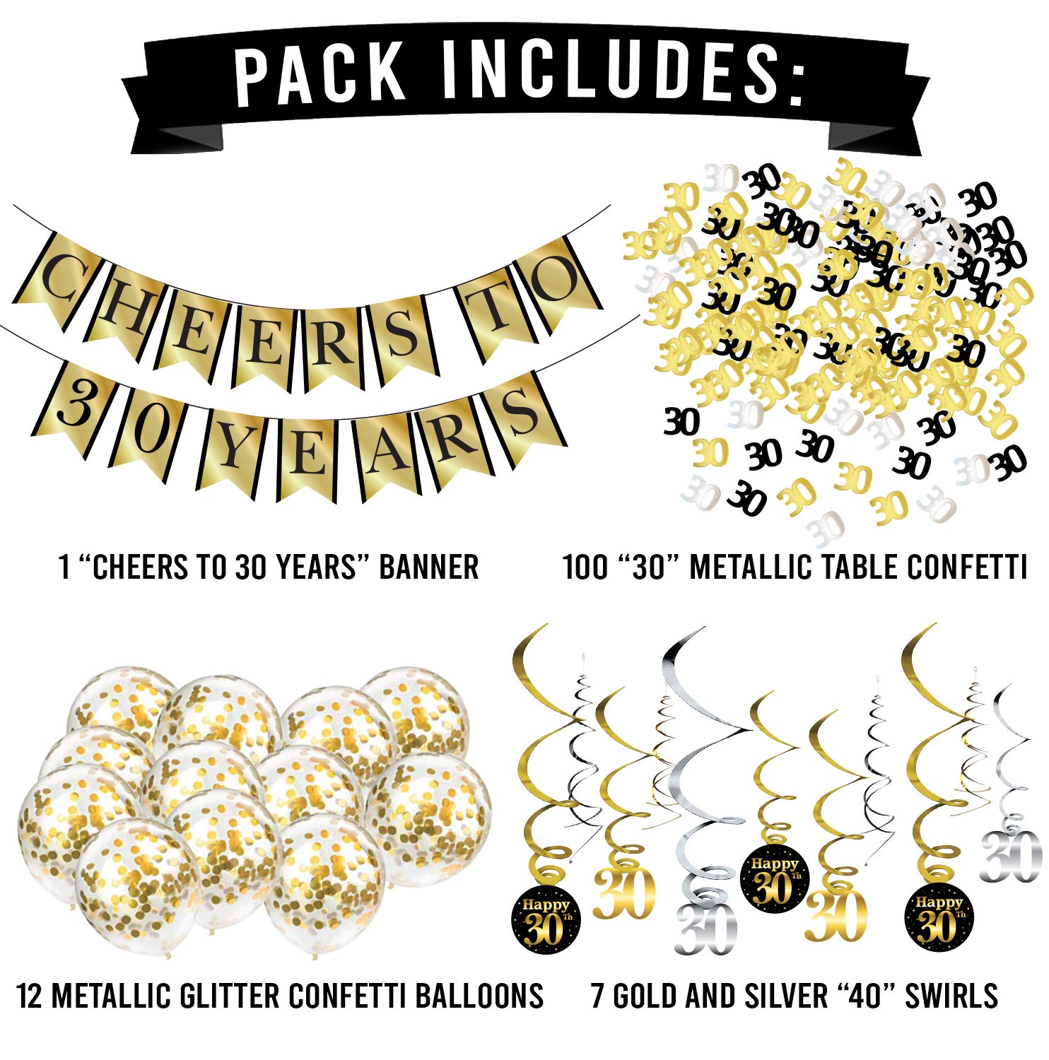 30th Birthday and Anniversary Decorations Party Pack - Cheers to 30 Years Banner, Balloons, Swirls and Confetti Party Supplies