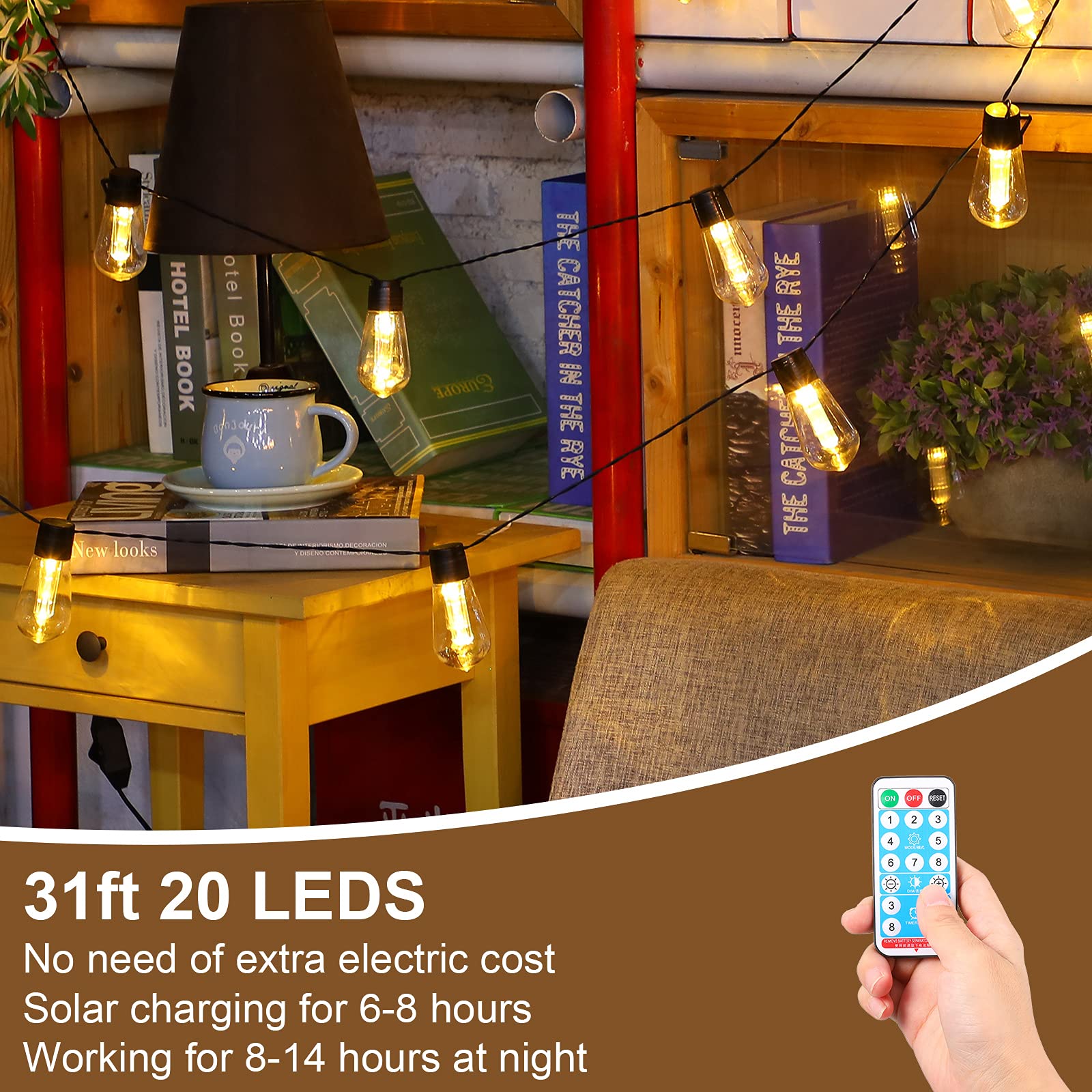 31 Feet Solar Outdoor String Lights Vintage Bulbs with 20 Dimmable Warm White Solar Powered LED Bulbs Waterproof Shatterproof Energy Saving LED Light with Solar Panel for Home Garden Festival Wedding