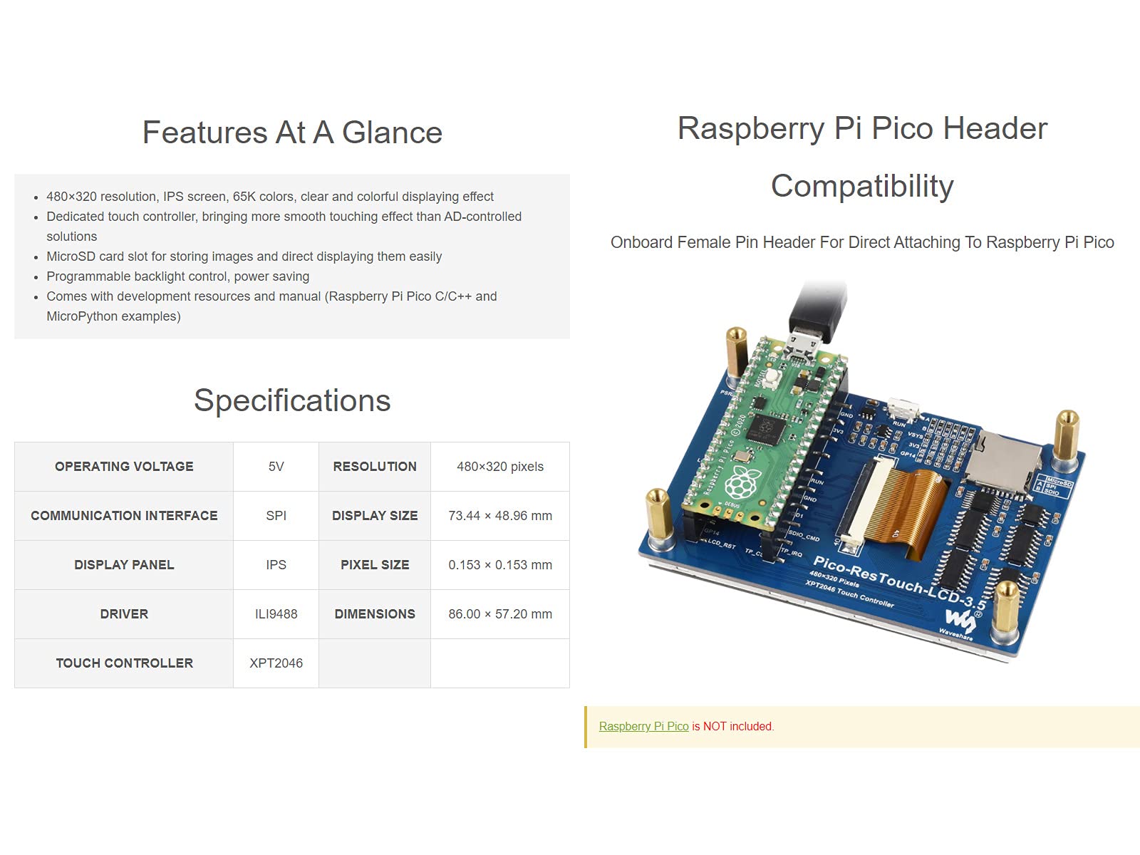 waveshare 3.5inch Touch Display Module for Raspberry Pi Pico 65K Colors 480×320 Pixels Resistive Touch Controller XPT2046 ILI9488 Driver Using SPI Bus