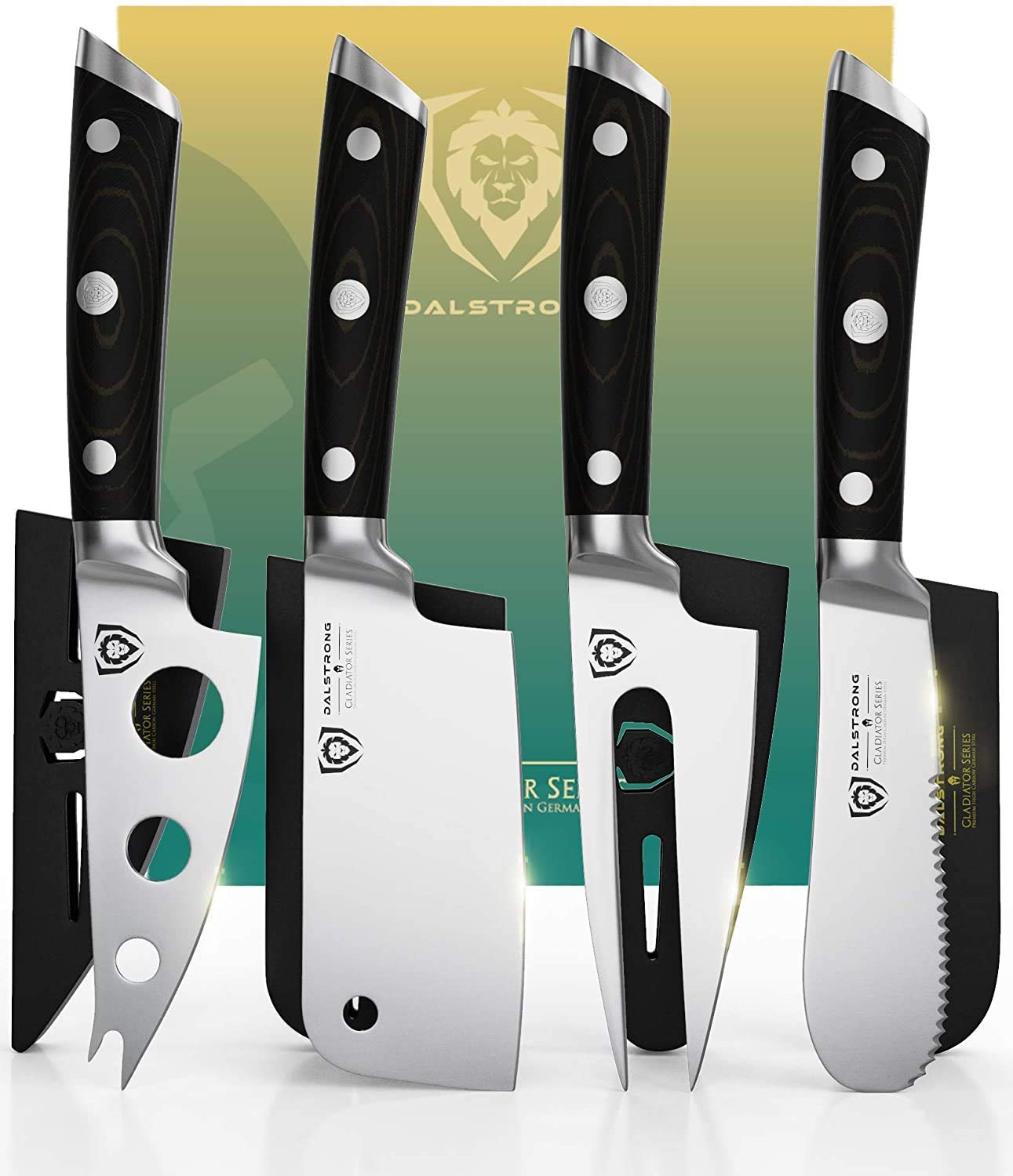 Dalstrong The Gladiator Series Elite 4-Piece Charcuterie & Cheese Knife Set Bundled with The Lionswood End-Grain Teak Cutting & Serving Board