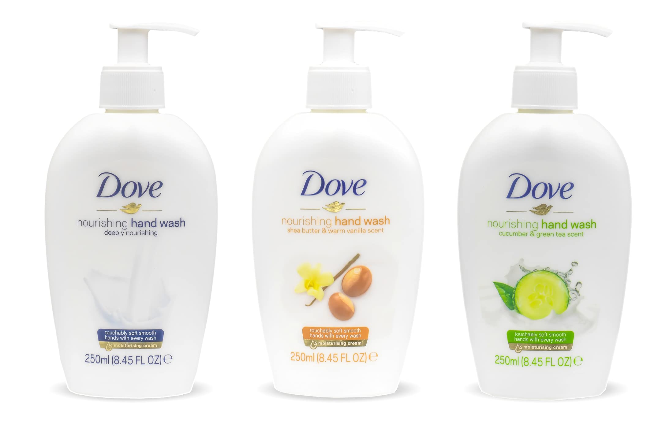 Dove, Nourishing Hand Wash Variety of 3 (Deeply Nourishing, Shea Butter & Warm Vanilla, Cucumber & Green Tea) - 250 ML (8.45 FL OZ) - International Versionā¦