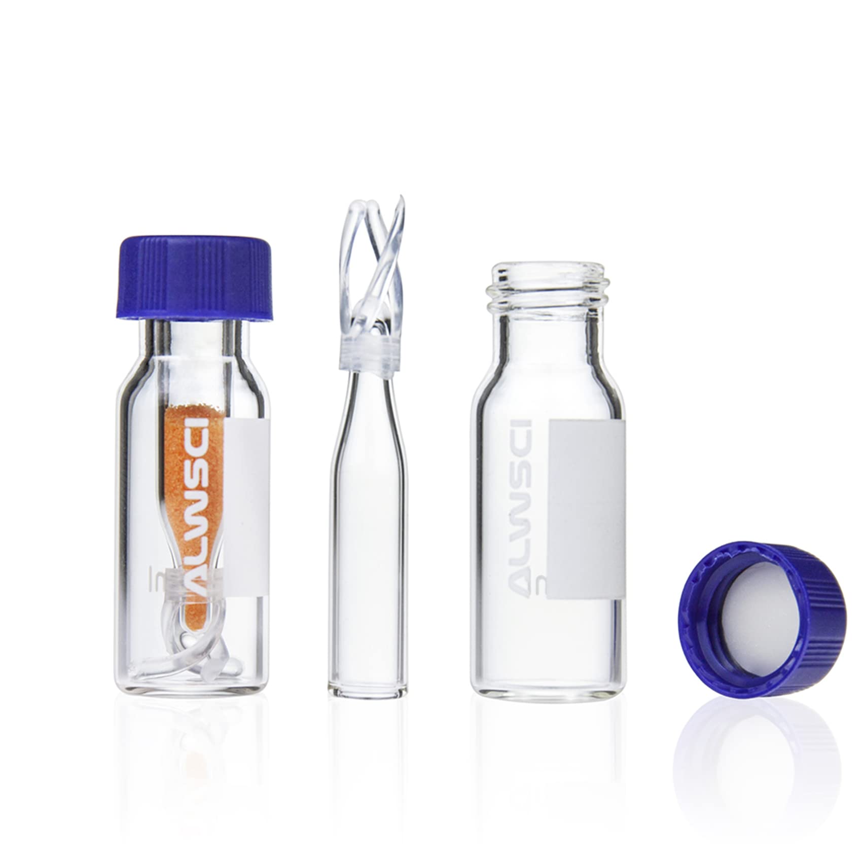 ALWSCI 2ml 9mm HPLC Vial, Clear Autosampler Vial Graduation, 9-425 Blue Screw Cap with Hole, White PTFE&Red Silicone Septa and Polyspring 6mm Insert Diameter, Volume 200µl (Pack of 100)