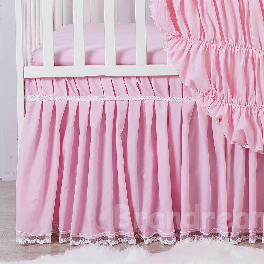 Brandream Baby Nursery Bedding Girls Pink Crib Bedding Set Luxury Ruffled Ruched Round Blanket, Fitted Sheet, Lace Skirt, 3 Piece