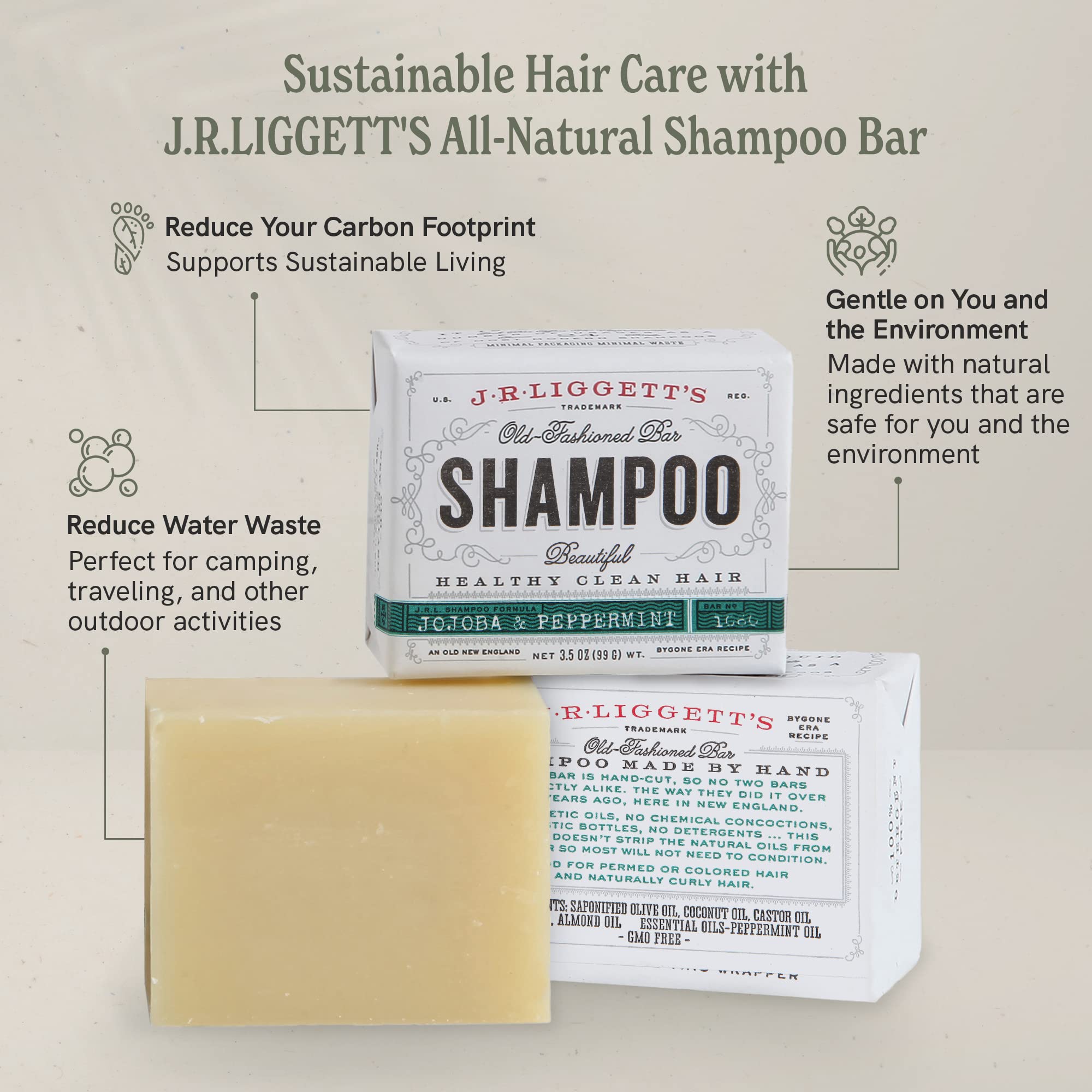 J·R·LIGGETT'S All-Natural Shampoo Bar, Jojoba & Peppermint Formula-Supports Strong & Healthy Hair-Nourish Follicles with Antioxidants & Vitamins-Detergent and Sulfate-Free, Set of Three,3.5 Ounce Bars