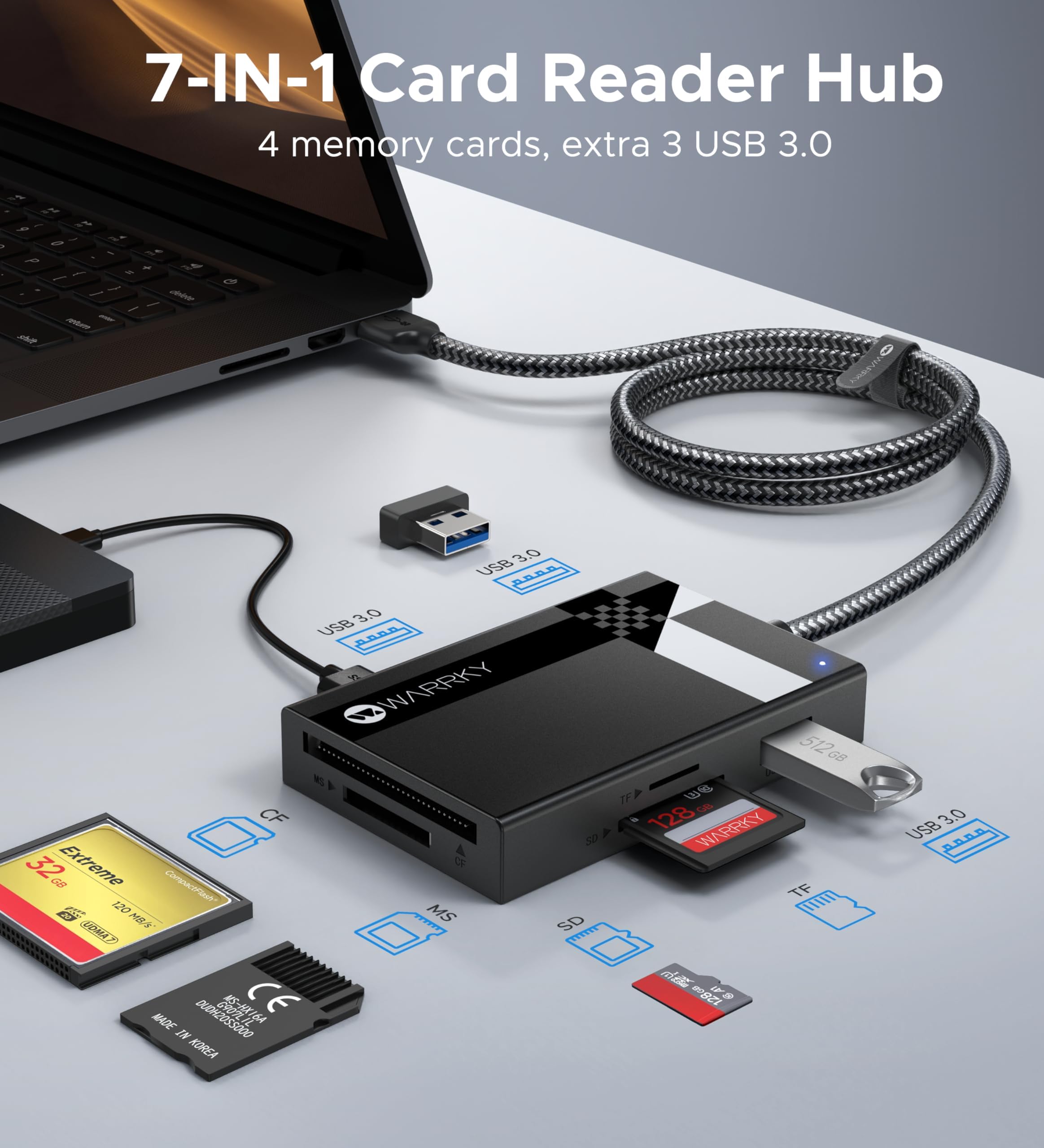 SD Card Reader USB 3.0, WARRKY [2.5FT Nylon Braided, Extra USB 3.0 Ports, 5Gbps] 7 in 1 Memory Card Reader, Micro SD Card Adapter for microSD, SDXC, SDHC, CF, MS, MMC, Micro SDXC/SDHC, UHS-I, More