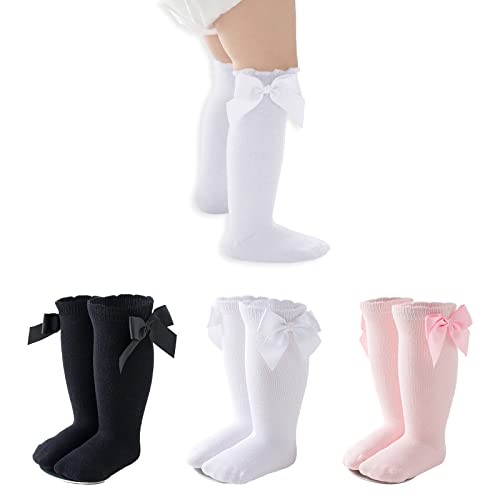 Mini angel Baby Girl Knee High Socks 3 Pairs Cotton Knit Tube Ruffled Long Stockings with Bow for Infant Toddler (Black White Pink 3pk, 6-12Months)