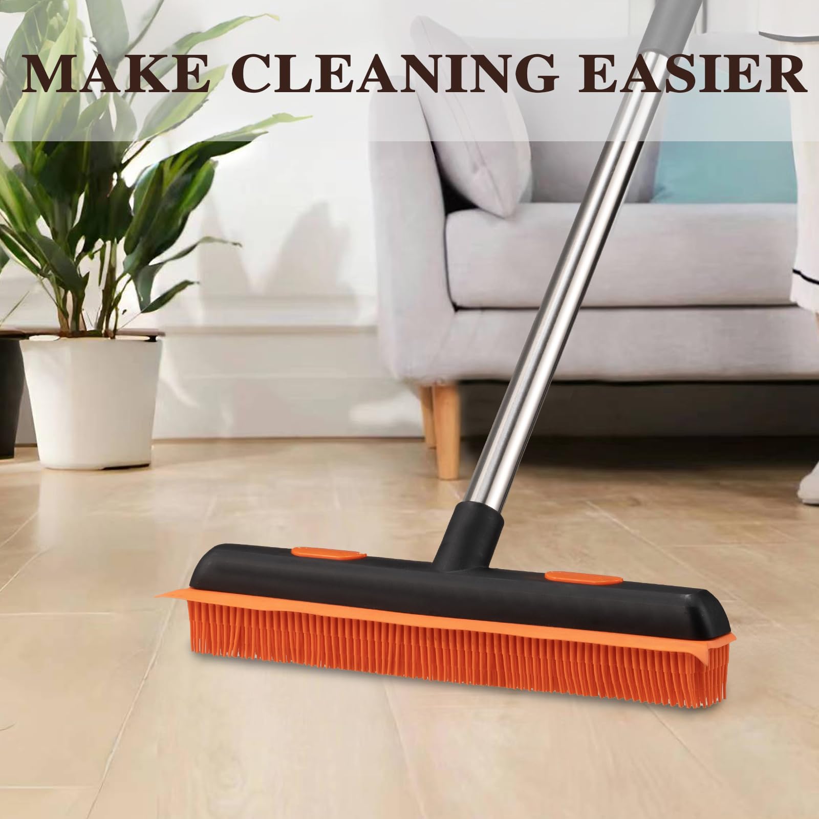 2 in 1 Rubber Broom with 33-64" Long Handle,Fur Remover Broom with 33-64" Long Handle, Pet Hair Broom with Squeegee for Carpet, Hardwood Floor, Tile- Black Orange
