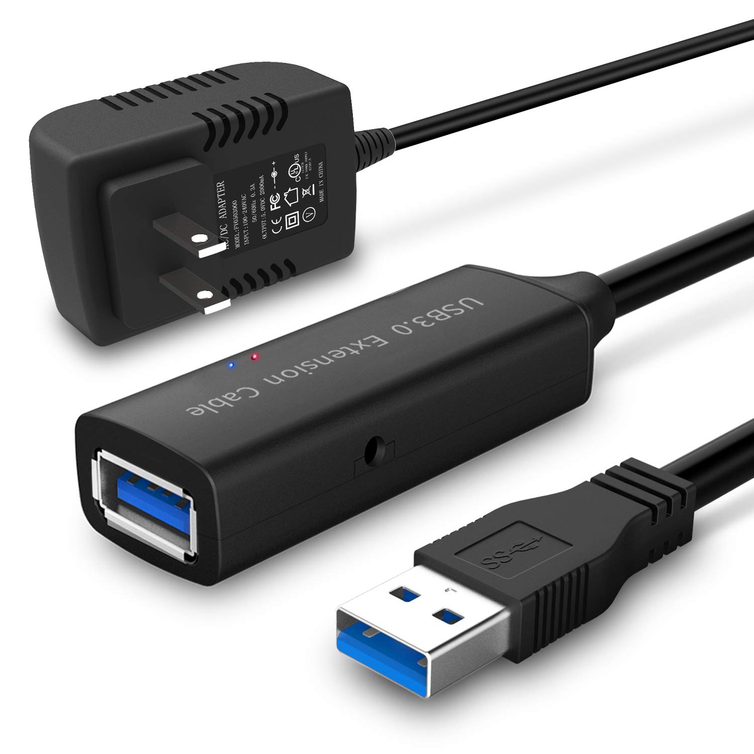 RSHTECH USB 3.0 Active Extension Cable 32 Feet with 5V 2A Power Adapter, USB 3.0 Extender Male to Female Cord with Built-in Signal Booster Chips for Xbox, PS4, USB Printer, Mouse, Keyboard, etc