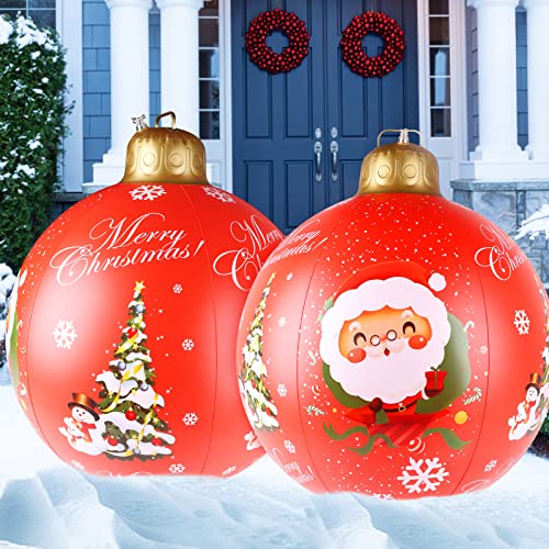 2 Pcs Inflatable Christmas Ball - 24 Inch Christmas Ball Ornaments PVC Giant Indoor Outdoor Xmas Ball for Holiday Yard Lawn Porch Pool Tree Decoration, 2 Pcs Red